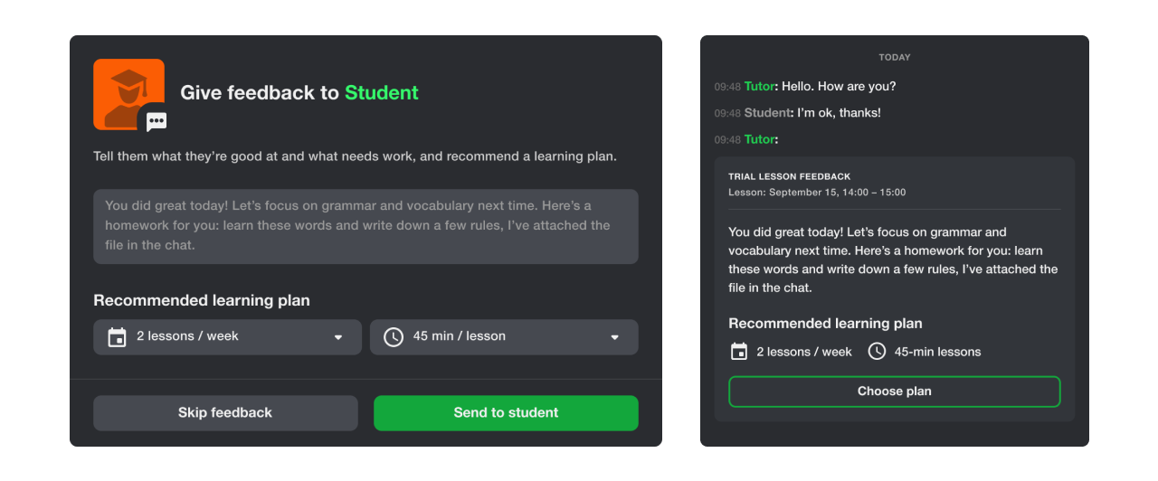 Pre-Lesson Student Info & Post-Lesson Feedback